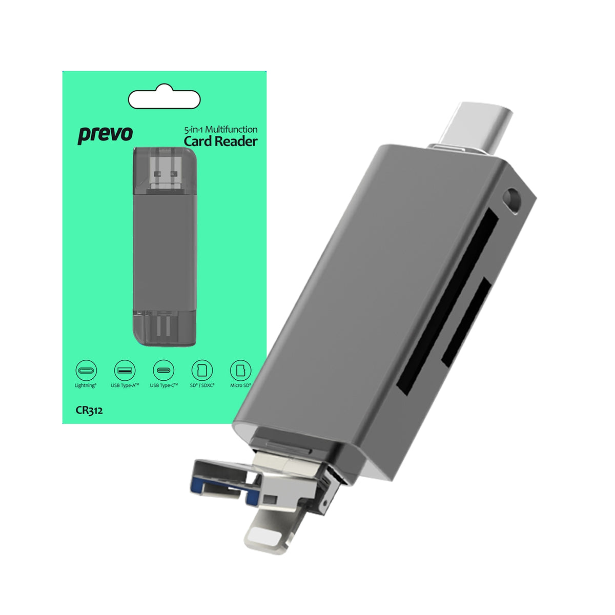 Prevo USB 2.0, USB Type-C, and Lightning Connection Card Reader, High ...